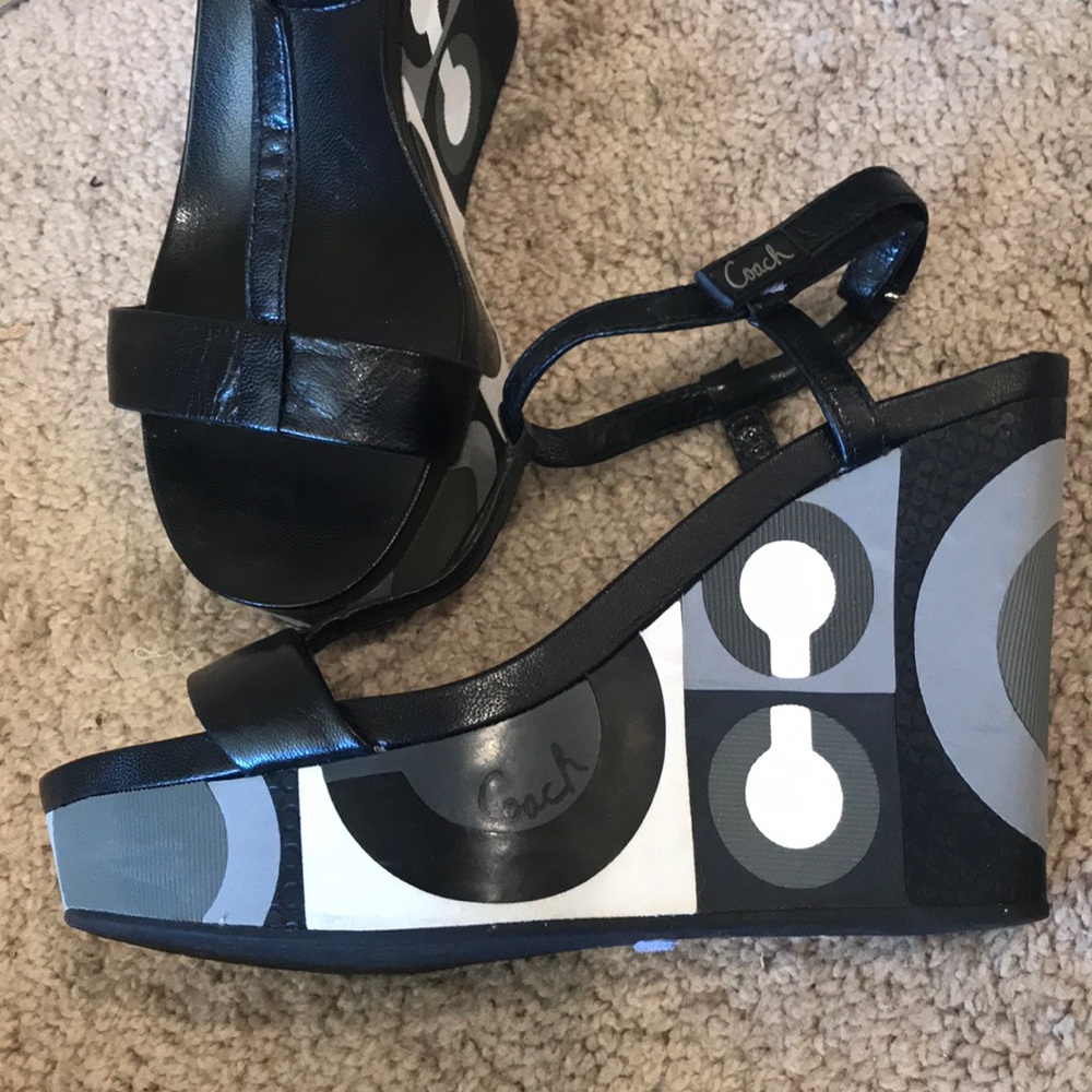 Coach Black Gray Mod Logo Wedge T Strap Shoes - Gem